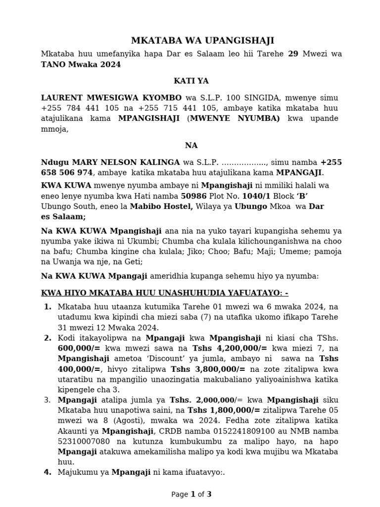 Mkataba Upangishaji Nyumba Kubwa - 2024-4 | PDF