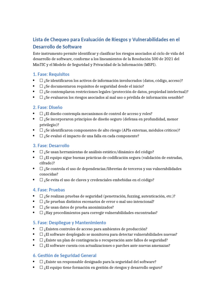 Lista Chequeo Riesgos Desarrollo Software MinTIC | PDF | Software | La seguridad informática