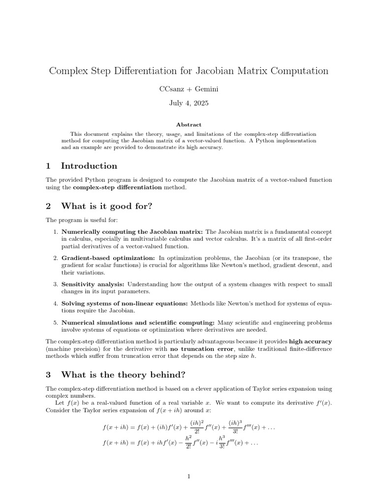 Complex Step Differentiation For Jacobian Matrix Computation | PDF | Derivative | Applied ...