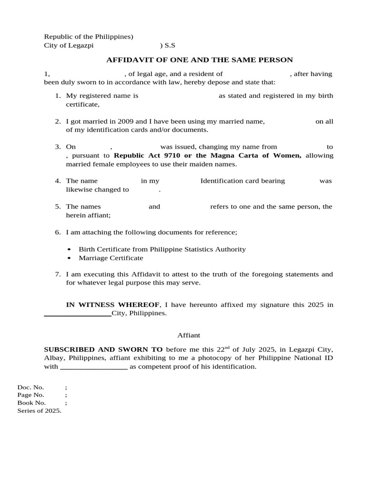 Affidavit of One and The Same Person Sample Draft | PDF
