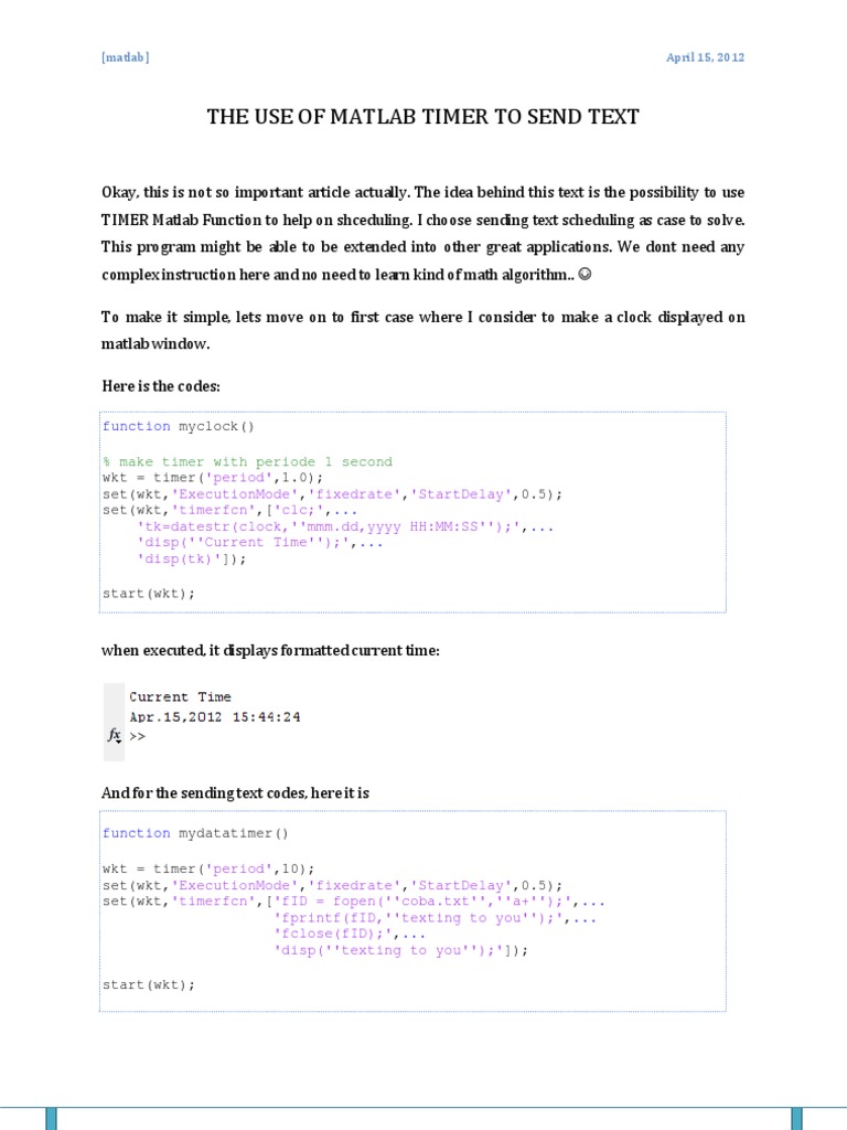 The Use of Matlab TIMER To Send Text | PDF