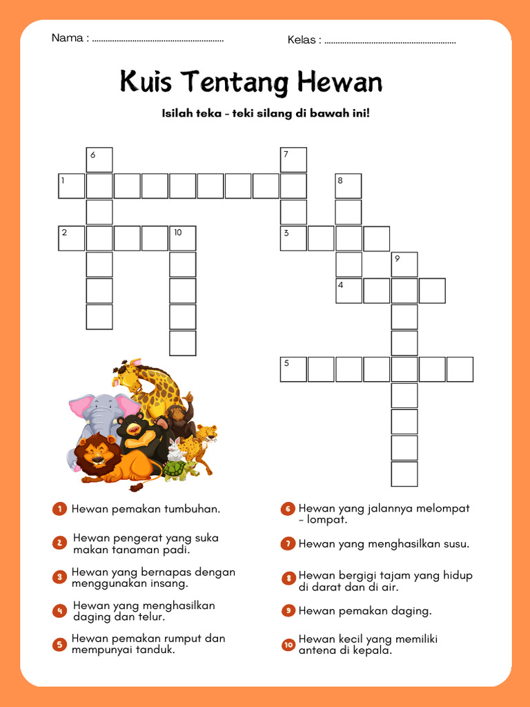 Orange Putih Ilustrasi Ipa Biologi Teka Teki Silang Hewan Lembar Kerja ...