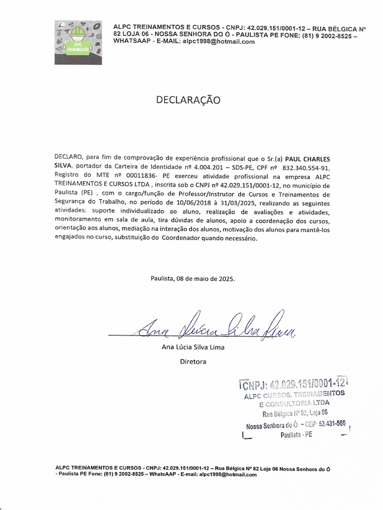 Declaração de Experiência Profissional Secretária de Educação Do Estado ...