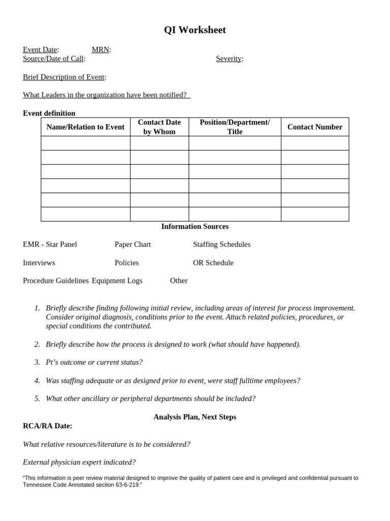 Quality Improvement Event Analysis Worksheet | PDF
