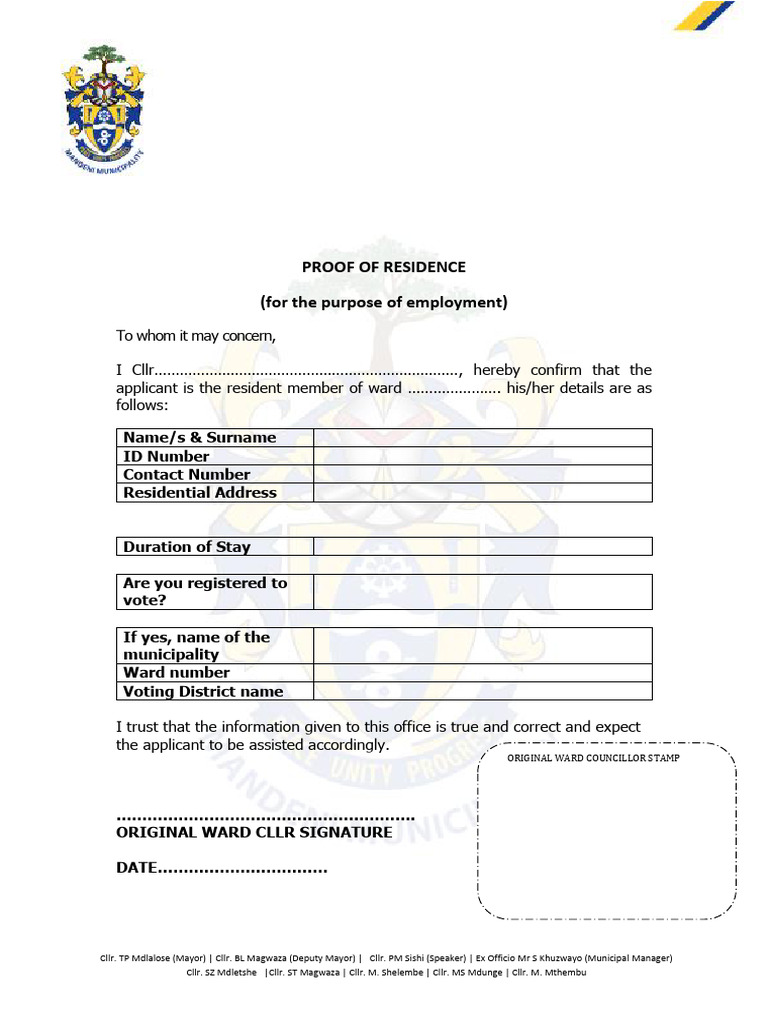 Proof of Residence Form Mandeni | PDF