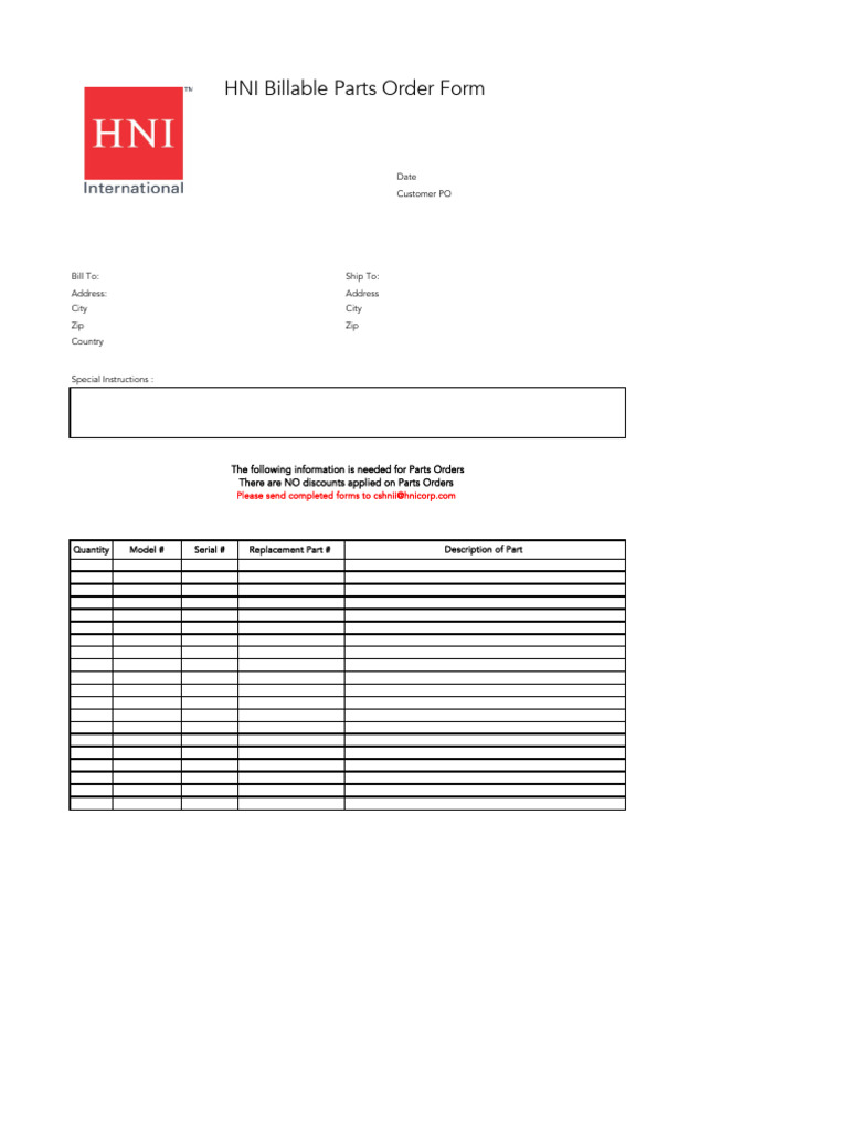 HNI Parts Order Form Instructions | PDF