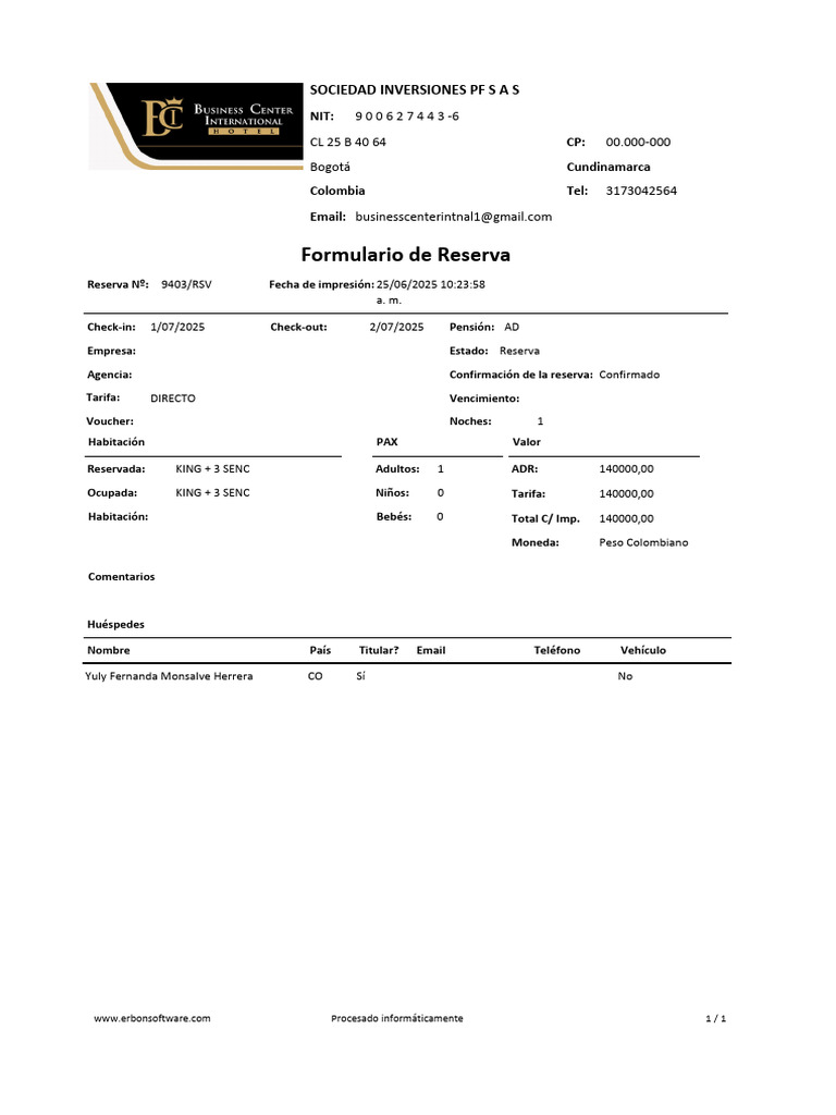 Reserva Confirmada: Habitación KING 1 Noche | PDF