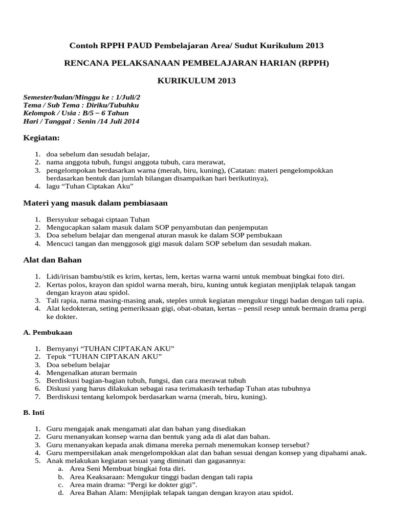 RPPH PAUD Tema Tubuhku Lengkap | PDF