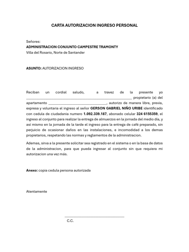 Carta Autorizacion Ingreso Personal Gerson Niño | PDF