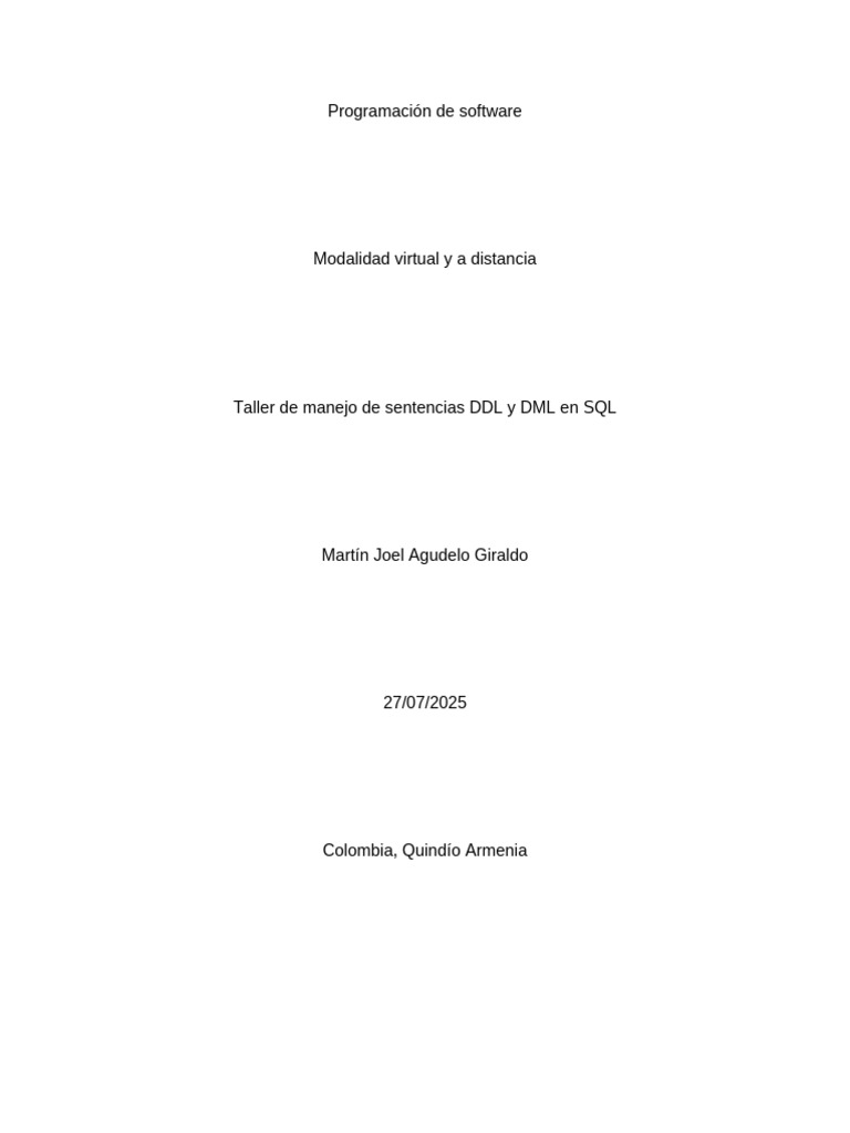 Taller de Manejo de Sentencias DDL y DML en SQL | PDF | SQL | Gestión de tecnología de la ...