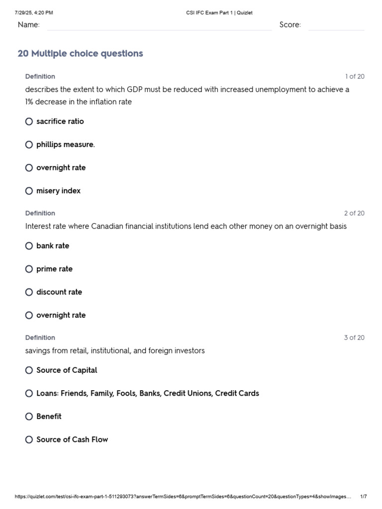 CSI IFC Exam Part 1 - Quizlet | PDF | Securities (Finance) | Money Supply