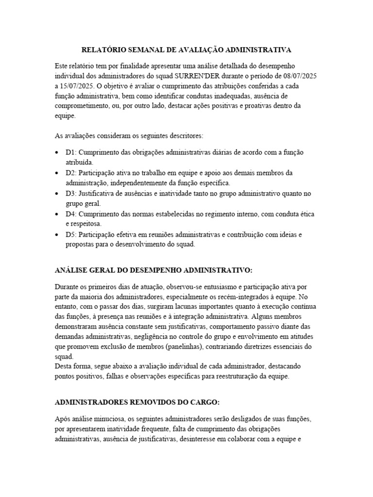 Relatorio Atualizado Admins SURRENDER | PDF