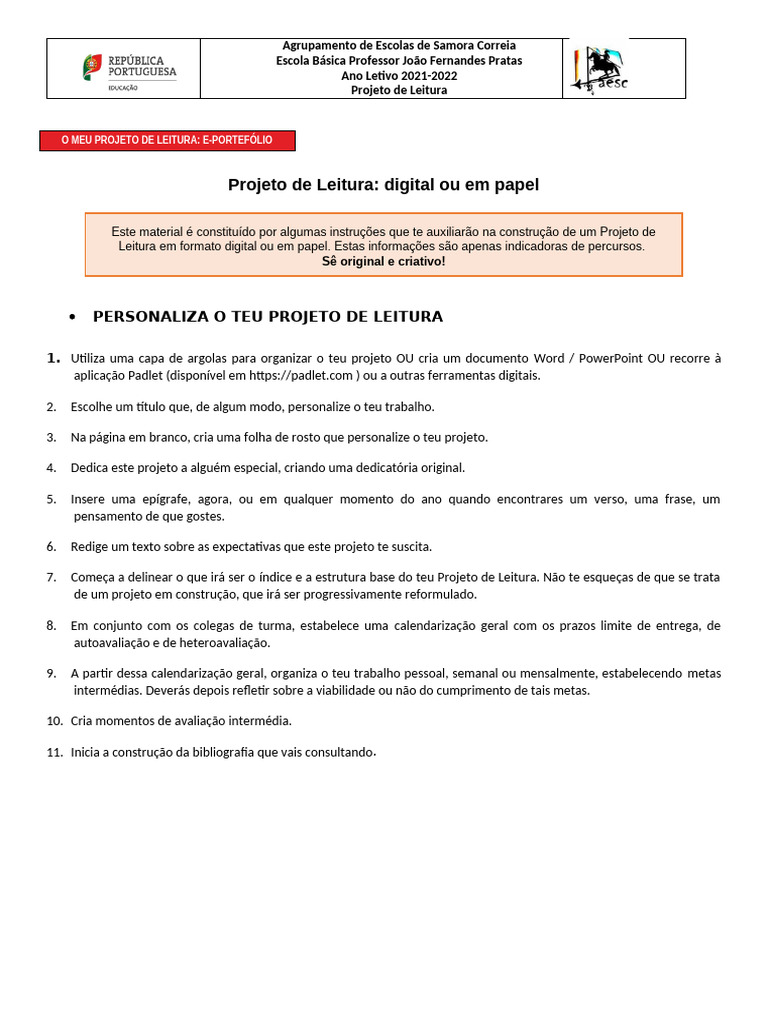 Projeto de Leitura - 10ºB - Adap | PDF | Autor | Livros