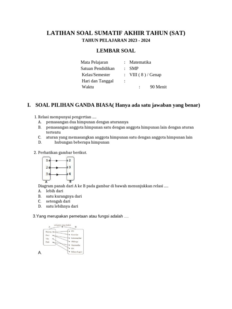 Matemetika Latihan Soal-Soalsumatif Akhir Tahun (Sat) SMT Genap Kelas-8 t.p2023-2024 | PDF