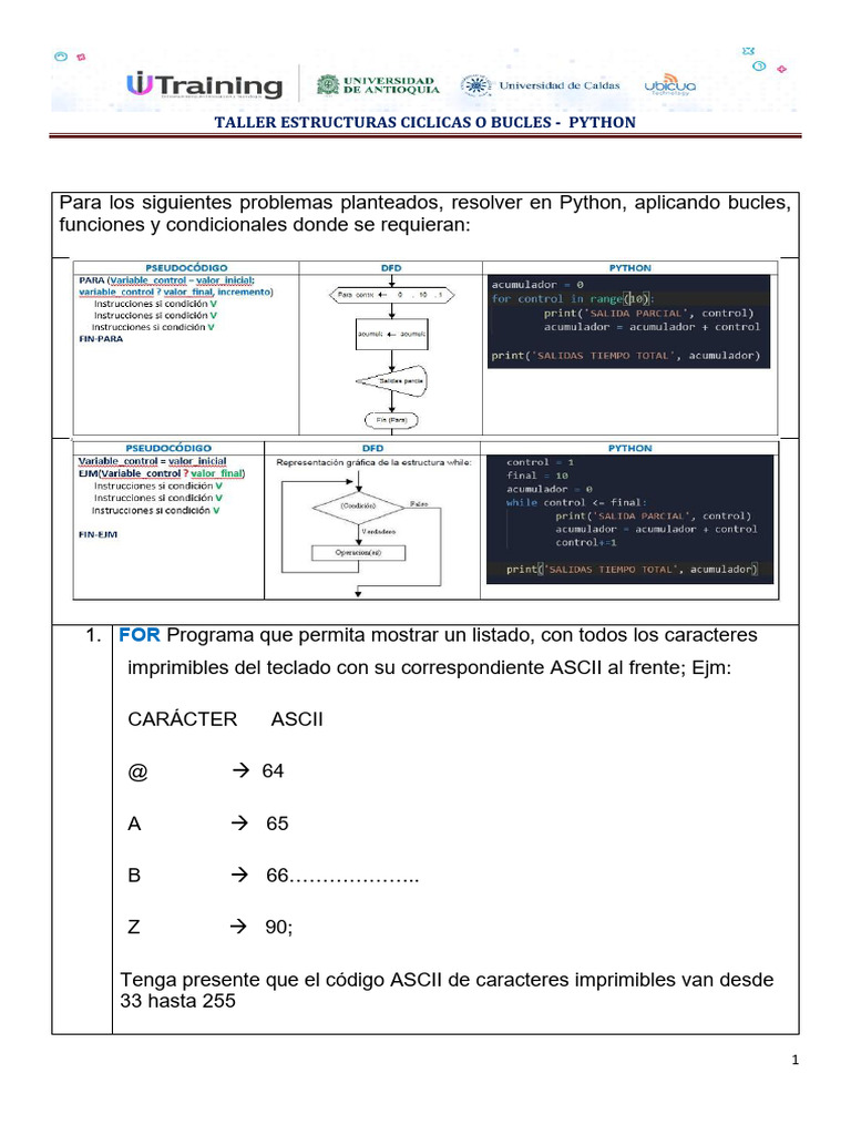 Taller Estructuras Ciclicas - Repetitivas - Bucles | PDF | Ascii | Python (lenguaje de programación)