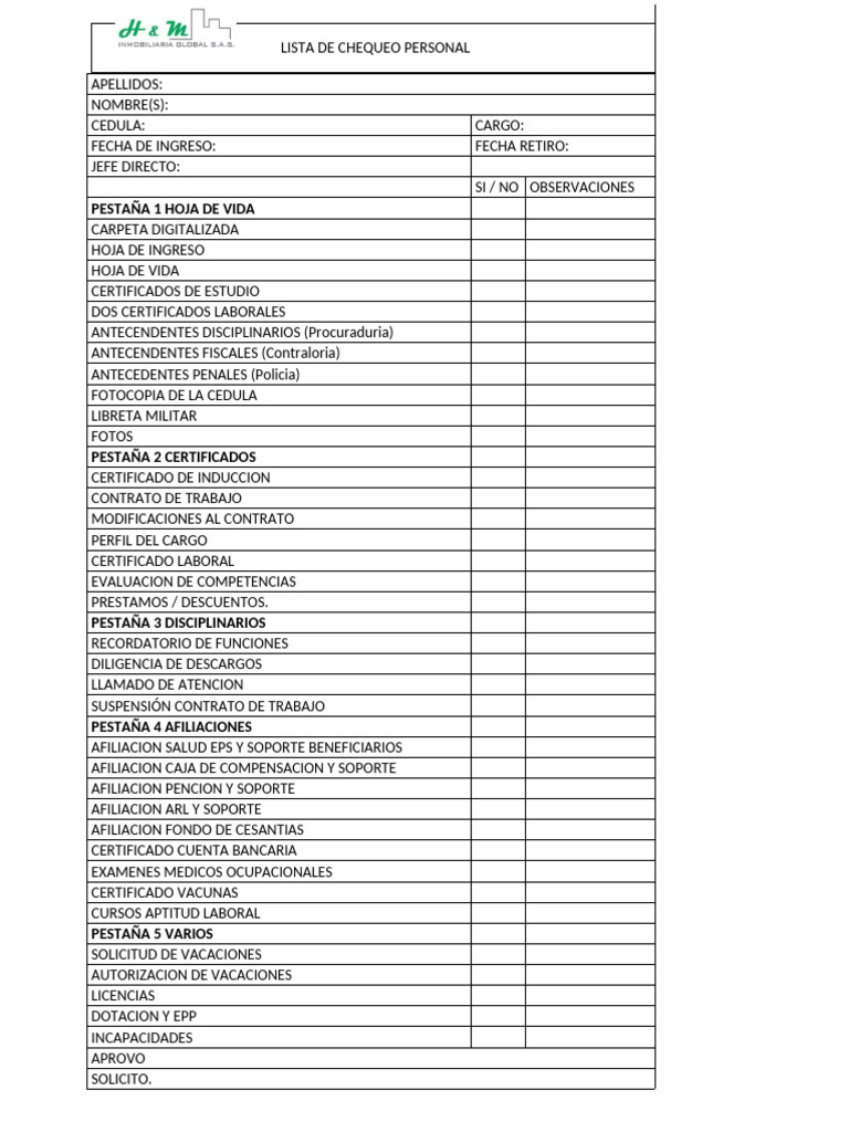 Lista de Chequeo Personal Laboral | PDF