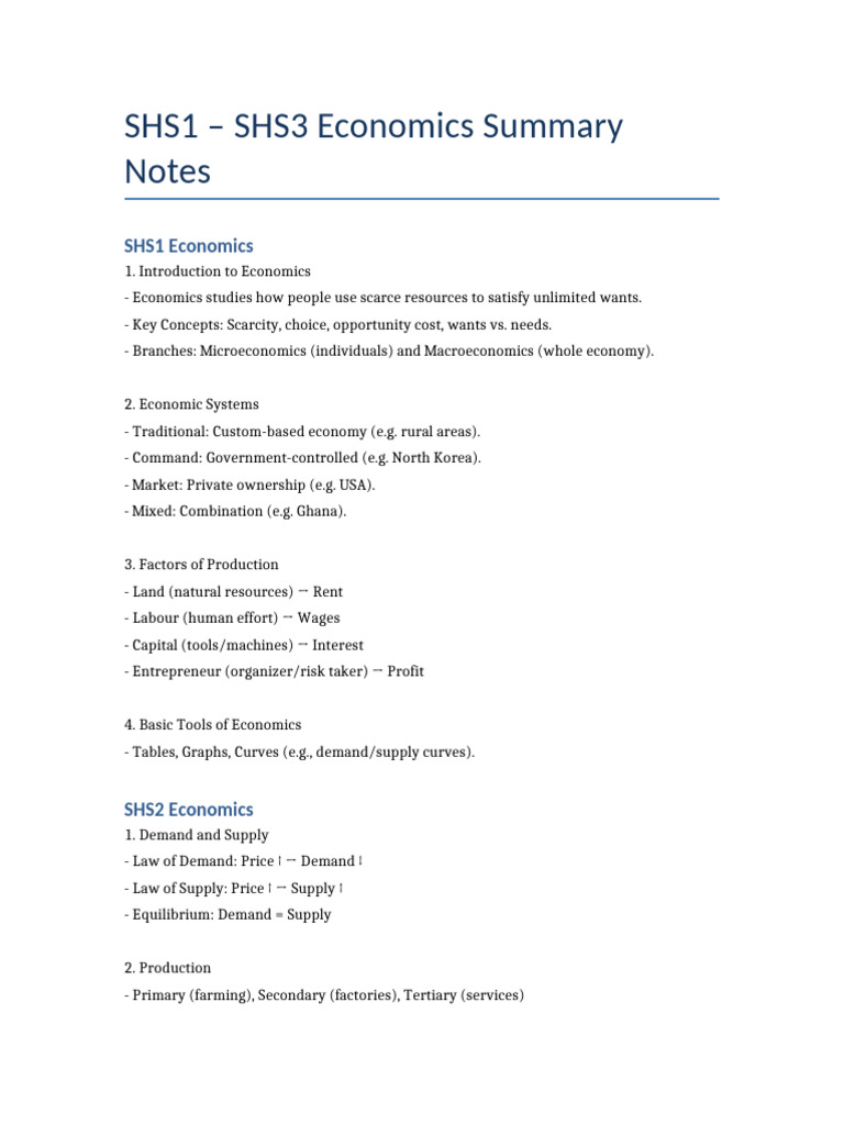 SHS Economics Summary Notes | PDF