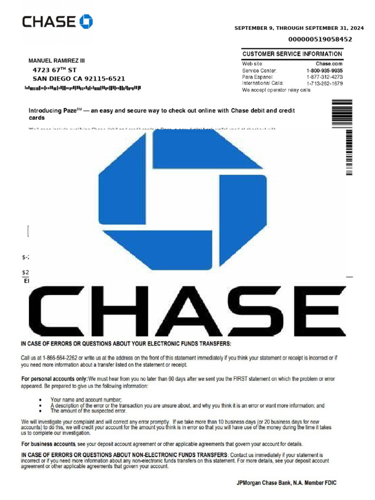 Chase Bank Statement Summary | PDF