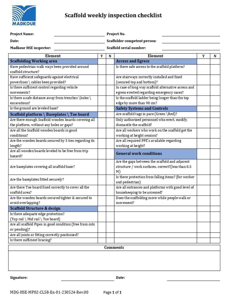 Weekly Scaffold Inspection Checklist | PDF | Scaffolding