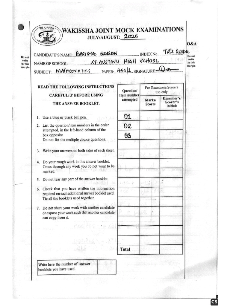 Marking Guide Wakissha 2025 Mathematics 456 - 1 | PDF