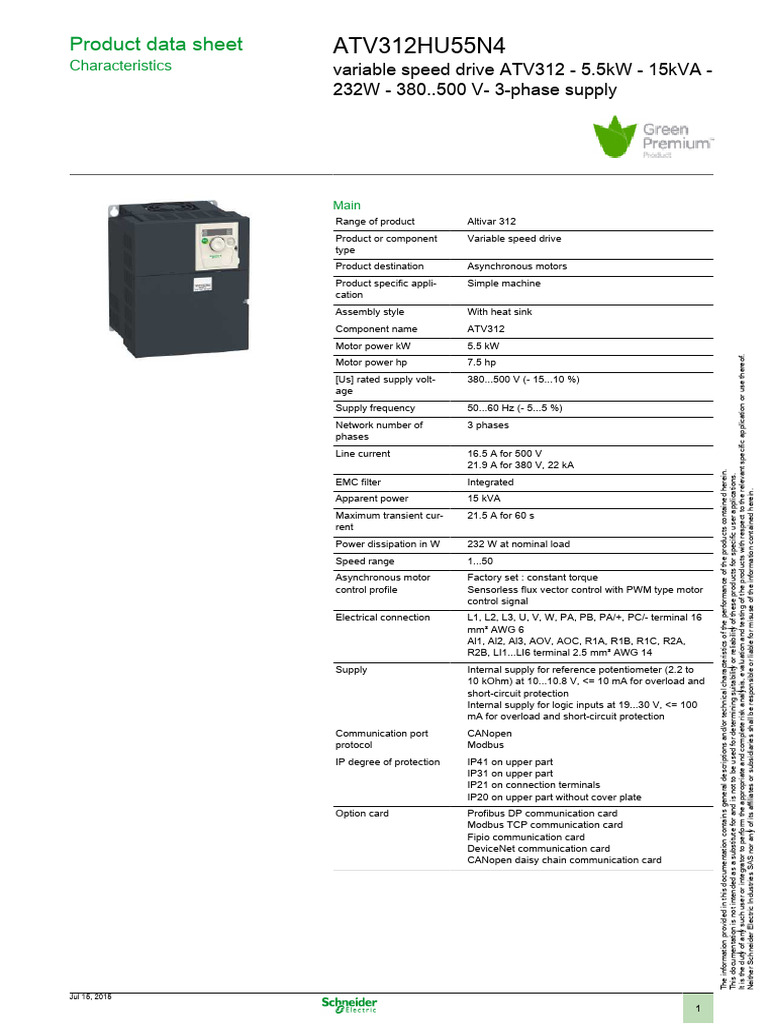 ATV312HU55N4 Variable Speed Drive Data | PDF | Electric Motor ...