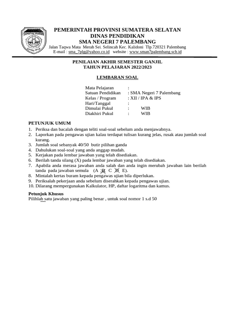 Lembar Soal Ujian Semester SMA 7 Palembang | PDF