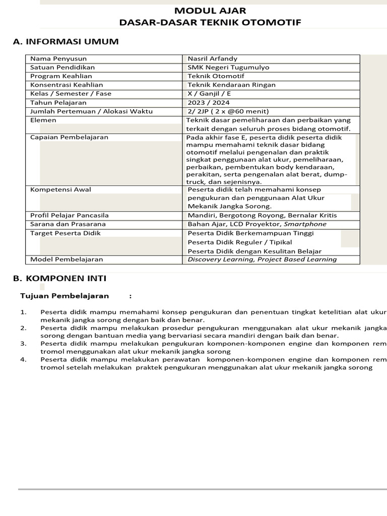 Modul Ajar Dasar-Dasar Teknik Otomotif - ALAT UKUR - Fase E - 6lJdlQKJ3o | PDF