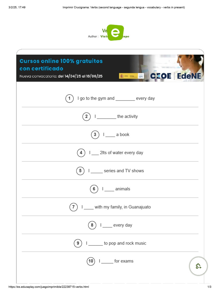 Present Tense Verb Crossword | PDF