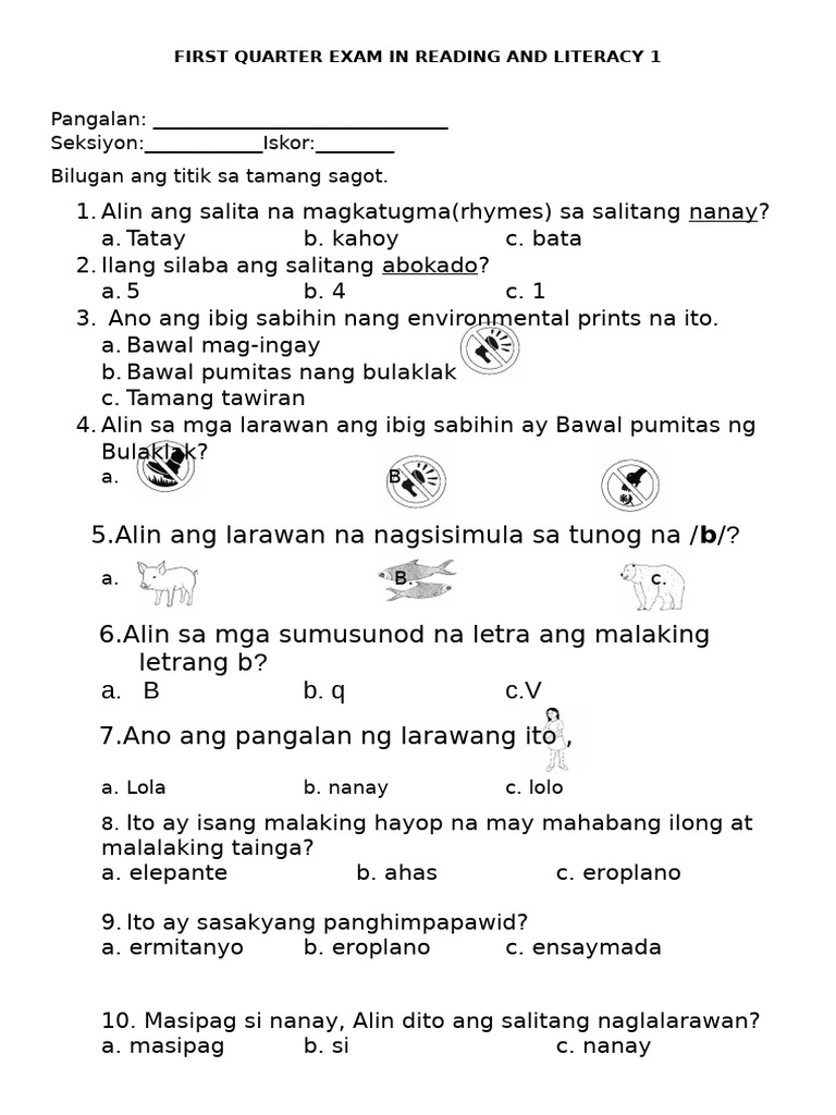 First Quarter Exam in Reading and Literacy 1 | PDF