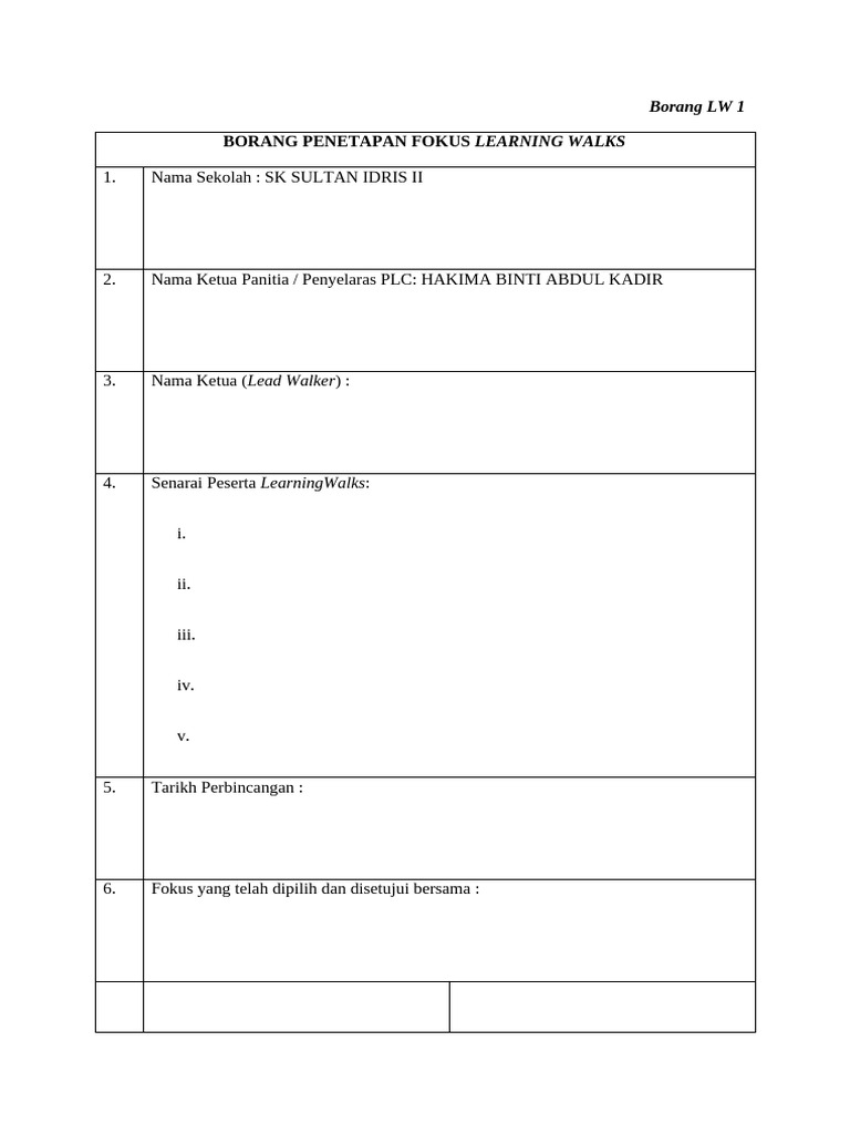 Borang Learning Walks | PDF
