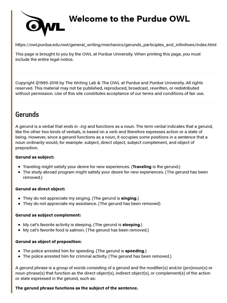 Gerunds - Purdue Writing Lab | PDF | Linguistic Morphology | Syntax