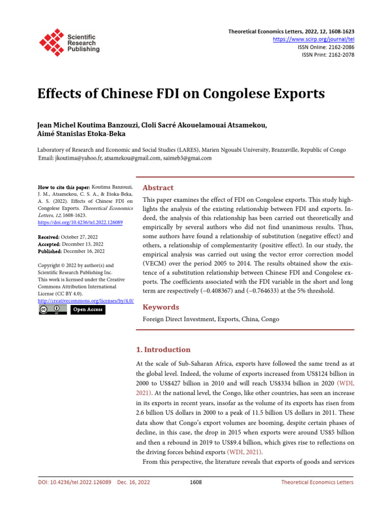 Effects of Chinese FDI On Congolese Expo | PDF | Foreign Direct ...