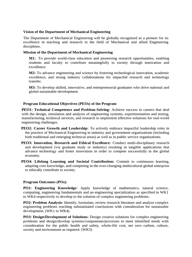 Mechanical Engineering Department Vision & Mission | PDF | Engineering ...