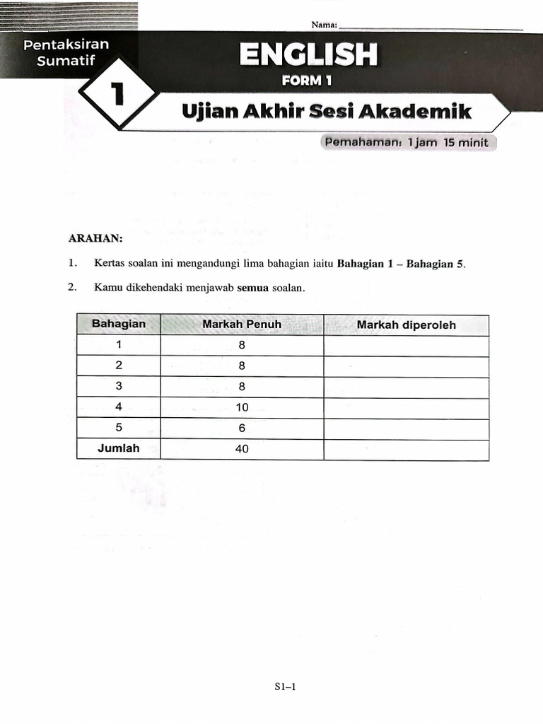 Uasa English Form 1 Set 1 | PDF