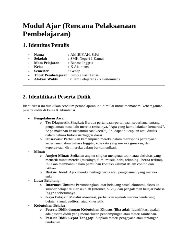 Modul Ajar X Simple Past Tense | PDF
