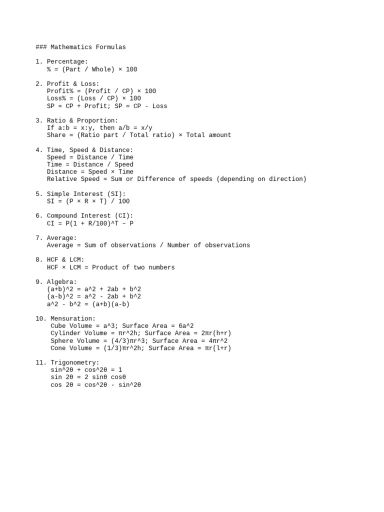 RRB NTPC Math Formulas | PDF
