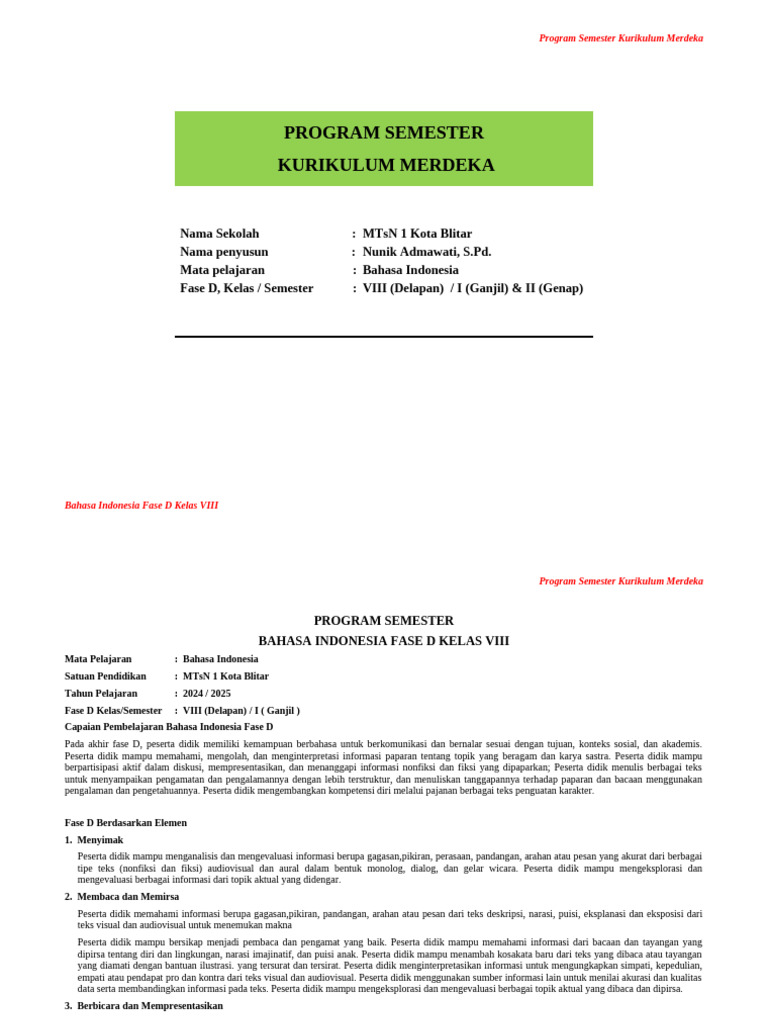 Program Semester Bahasa Indonesia Kelas VIII | PDF