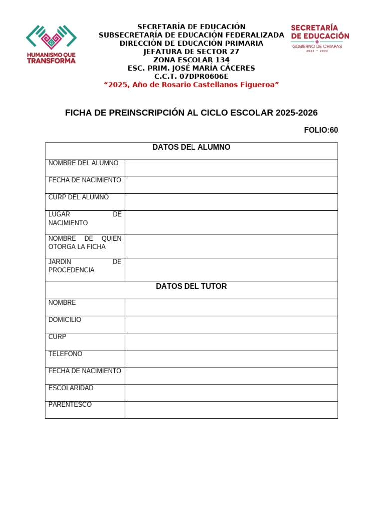 Ficha de Preinscripción Al Ciclo Escolar 2025 | PDF