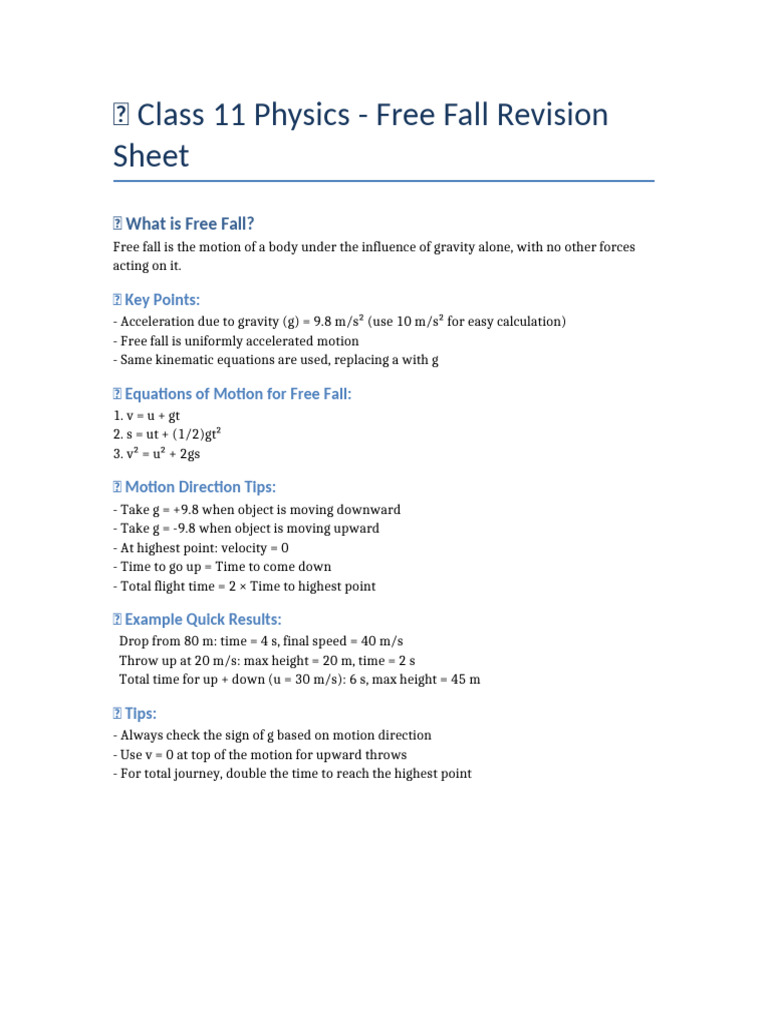 Free Fall Revision Sheet Class11 | PDF