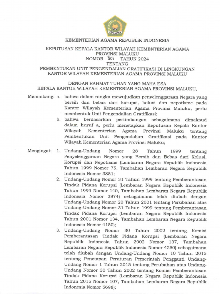 SK Unit Pengendalian Gratifikasi Kanwil 2024 | PDF