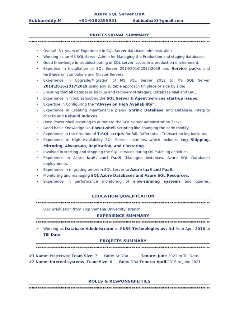 Subbu Resume - SQL DBA 8 Years | PDF | Microsoft Sql Server | Databases