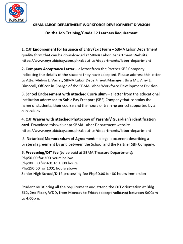 OJT Requirements for Senior High School | PDF
