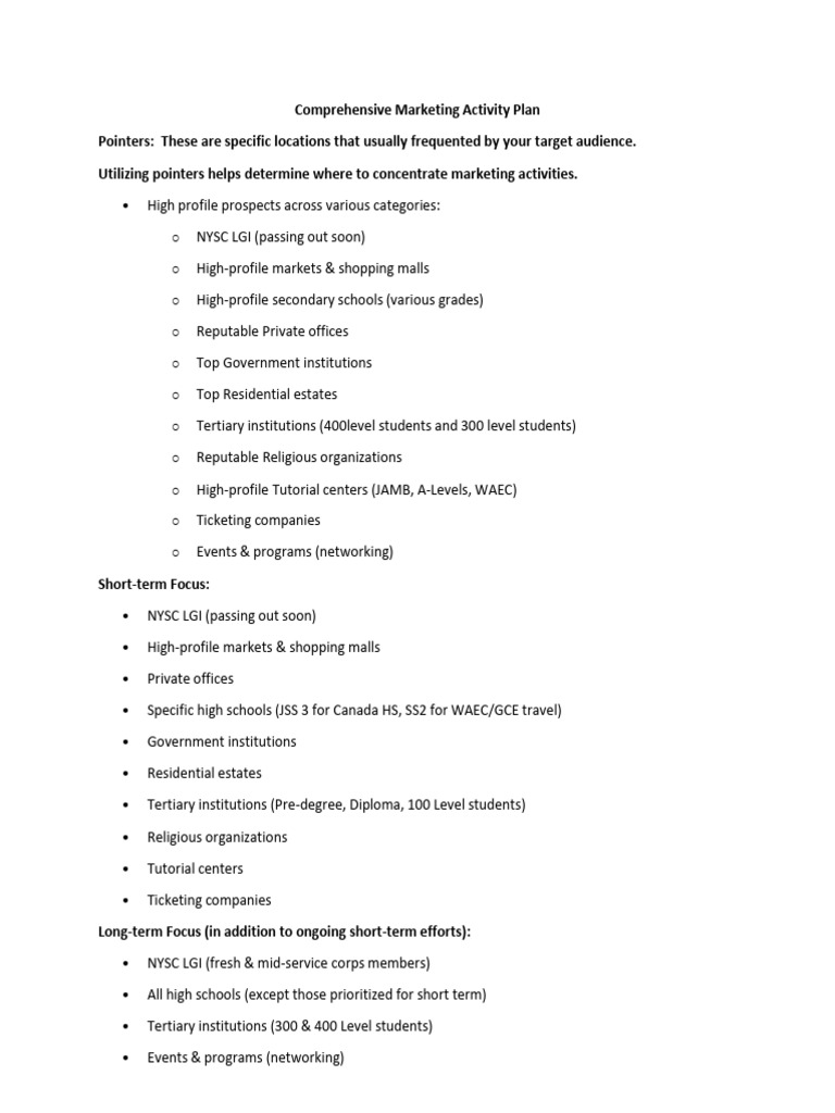 Comprehensive Marketing Activity Plan | PDF | Marketing | Time Management