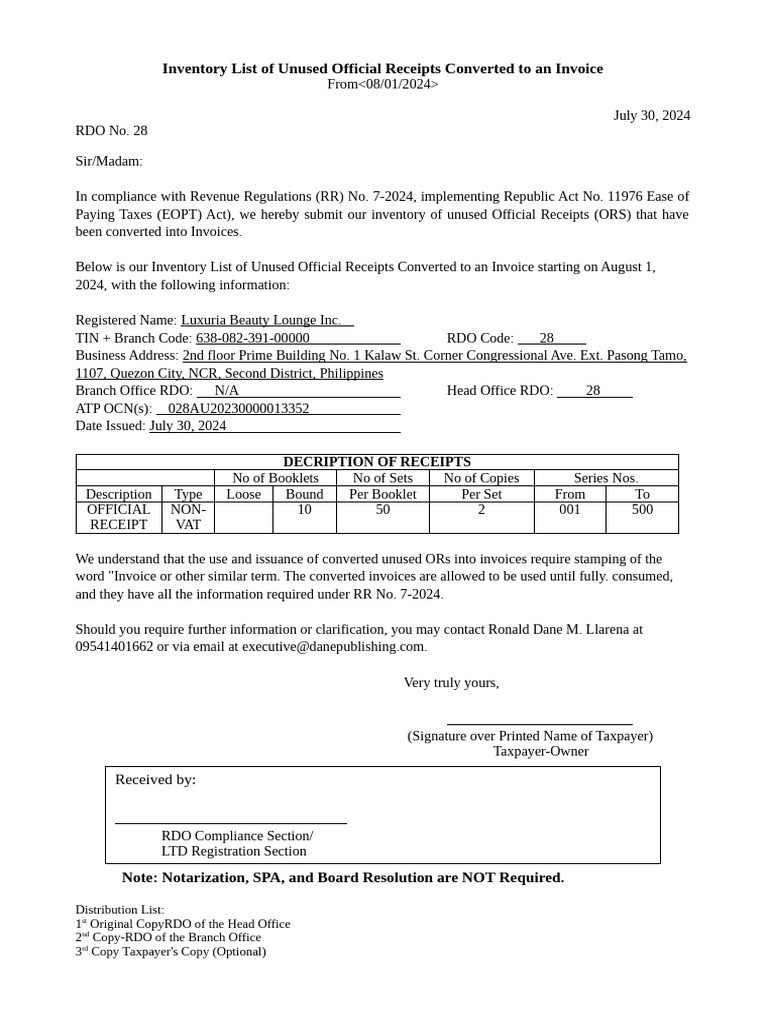 Inventory List of Unused Official Receipts Converted to an Invoice ...
