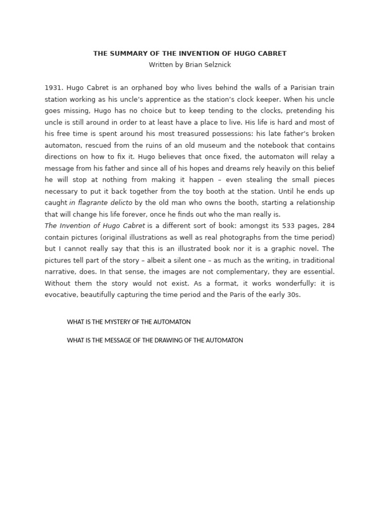 Summary of The Invention of Hugo Cabret | PDF
