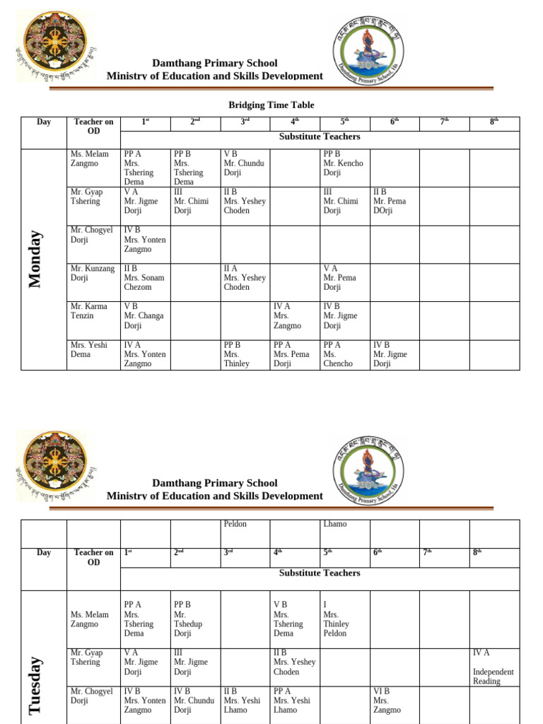 Damthang Primary School Timetable | PDF | Bhutan