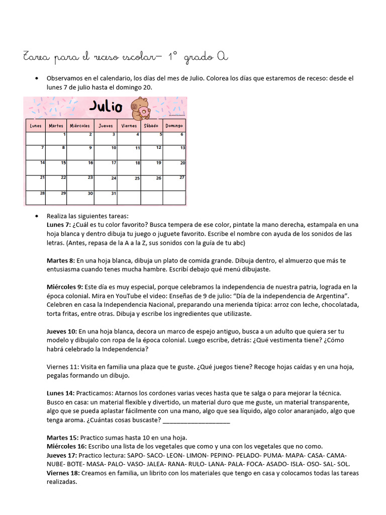 Tarea para El Receso Escolar 1° Grado | PDF