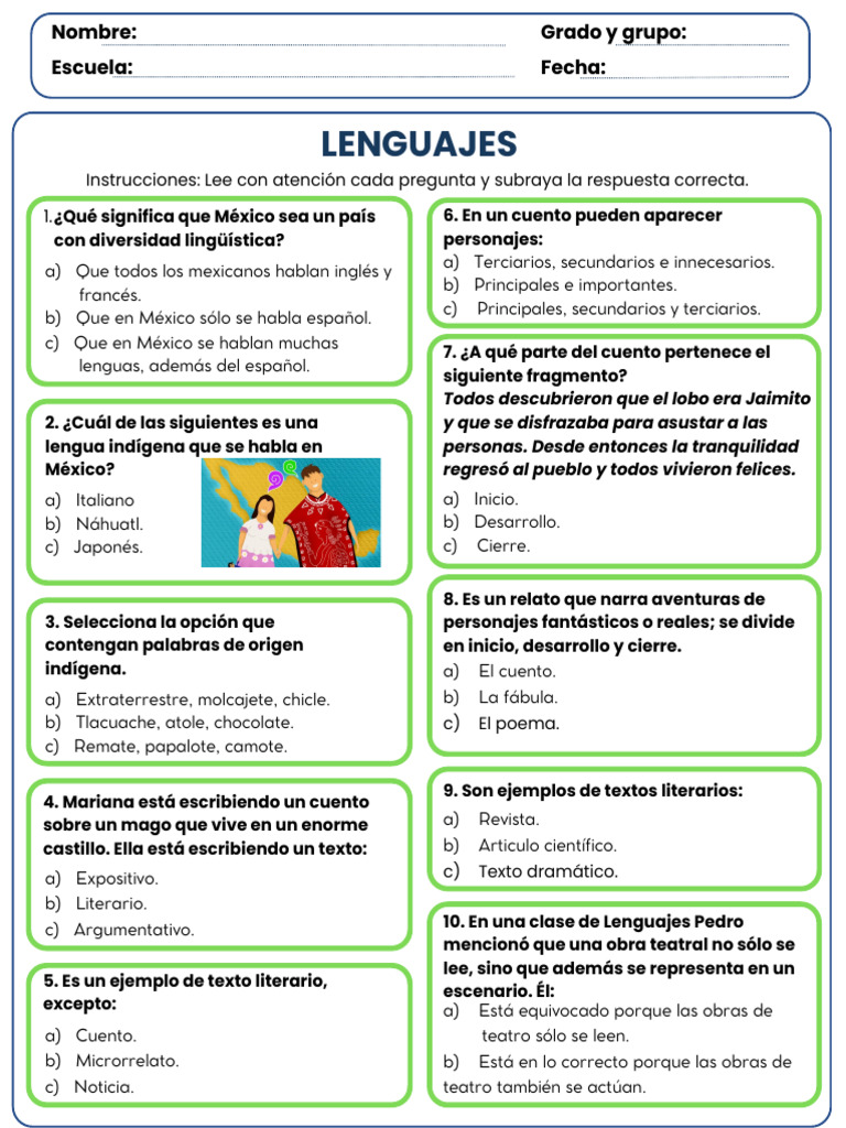 Examen de Lenguaje Quinto Grado | PDF | Puntuación