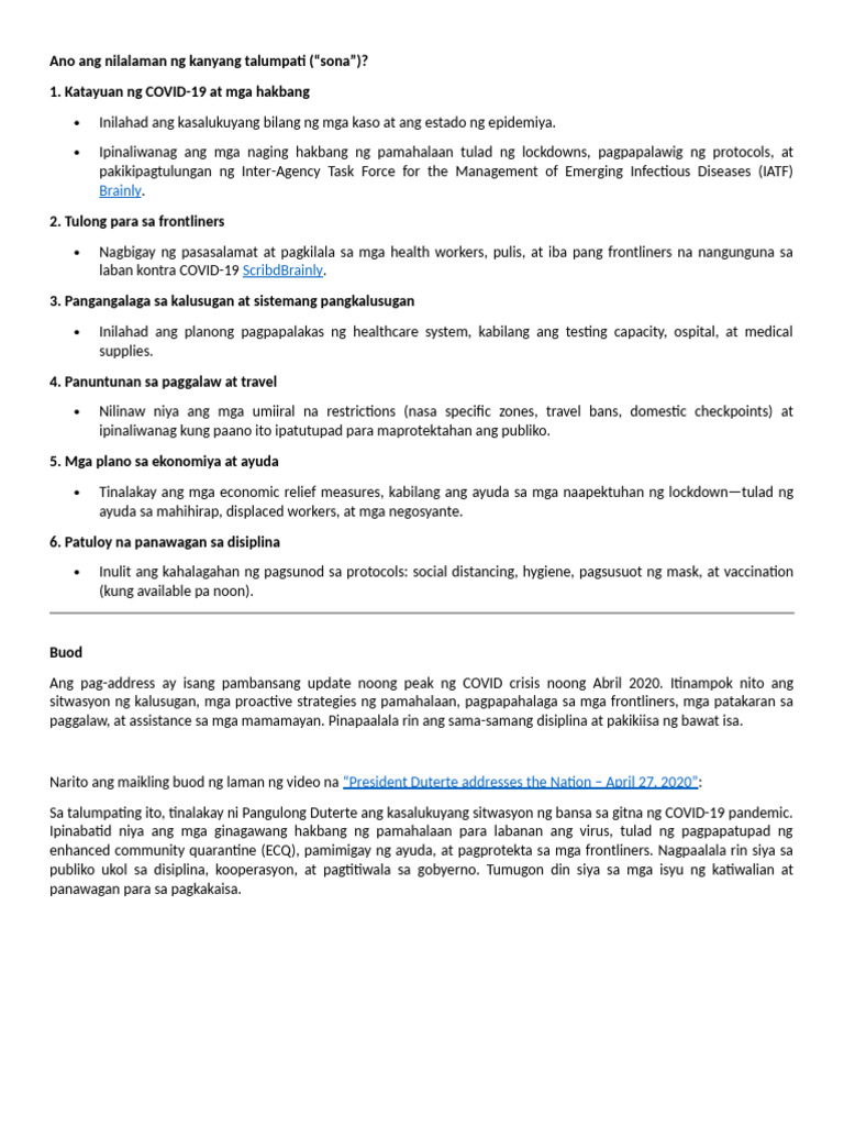Ano Ang Nilalaman Ng Kanyang Talumpati DUTERTE | PDF