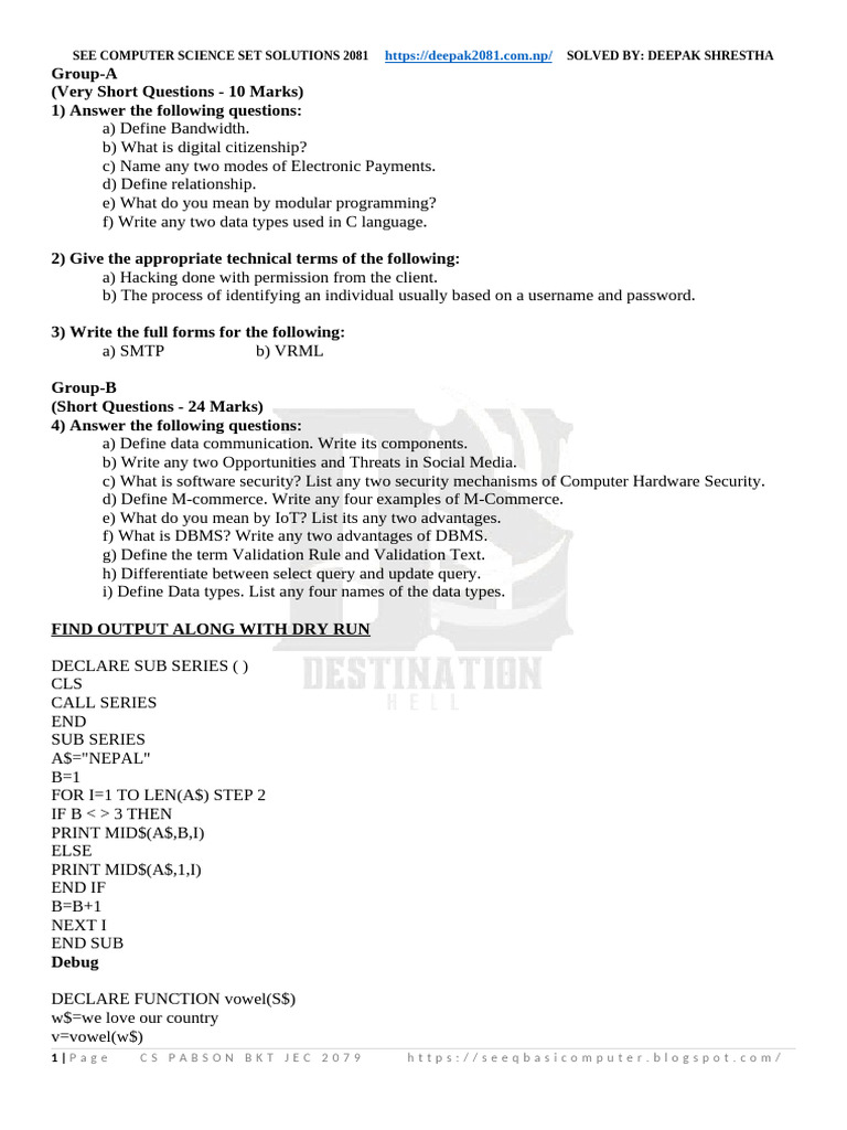 Computer Science Solutions 2081 | PDF | Databases | Computing